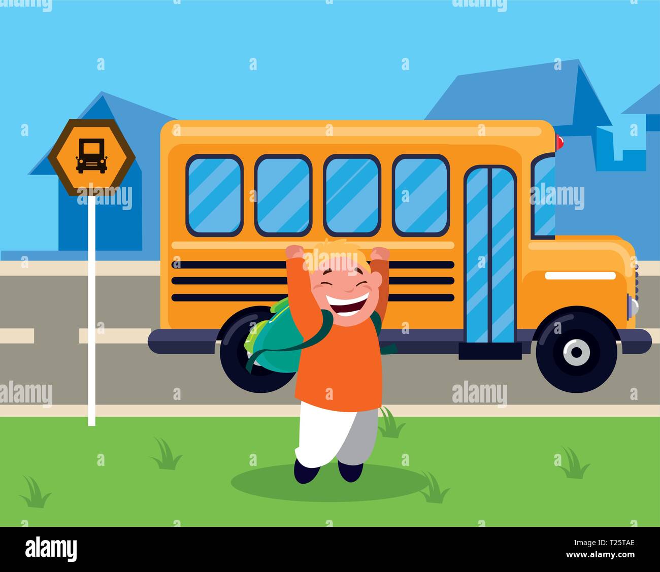 little schoolboy with schoolbag in the bus stop vector illustration ...