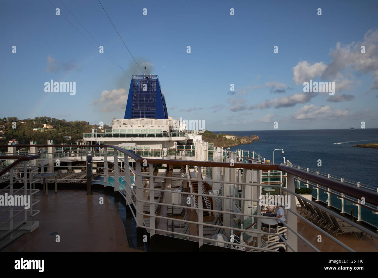 A view across the open top deck of Britannia in St Lucia, The Caribbean ...