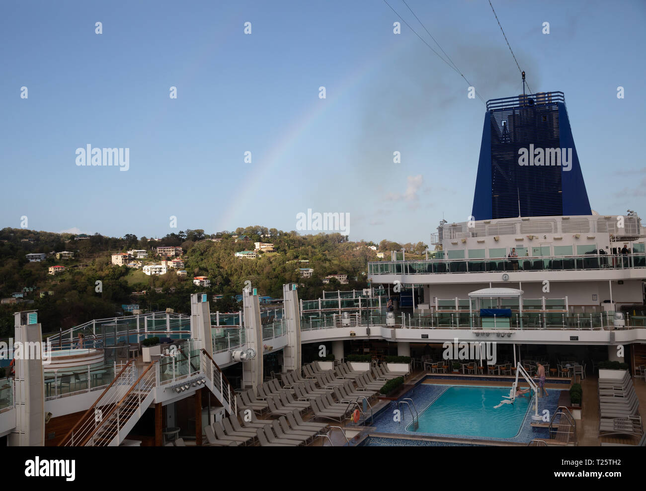 A view across the open top deck of Britannia in St Lucia, The Caribbean ...