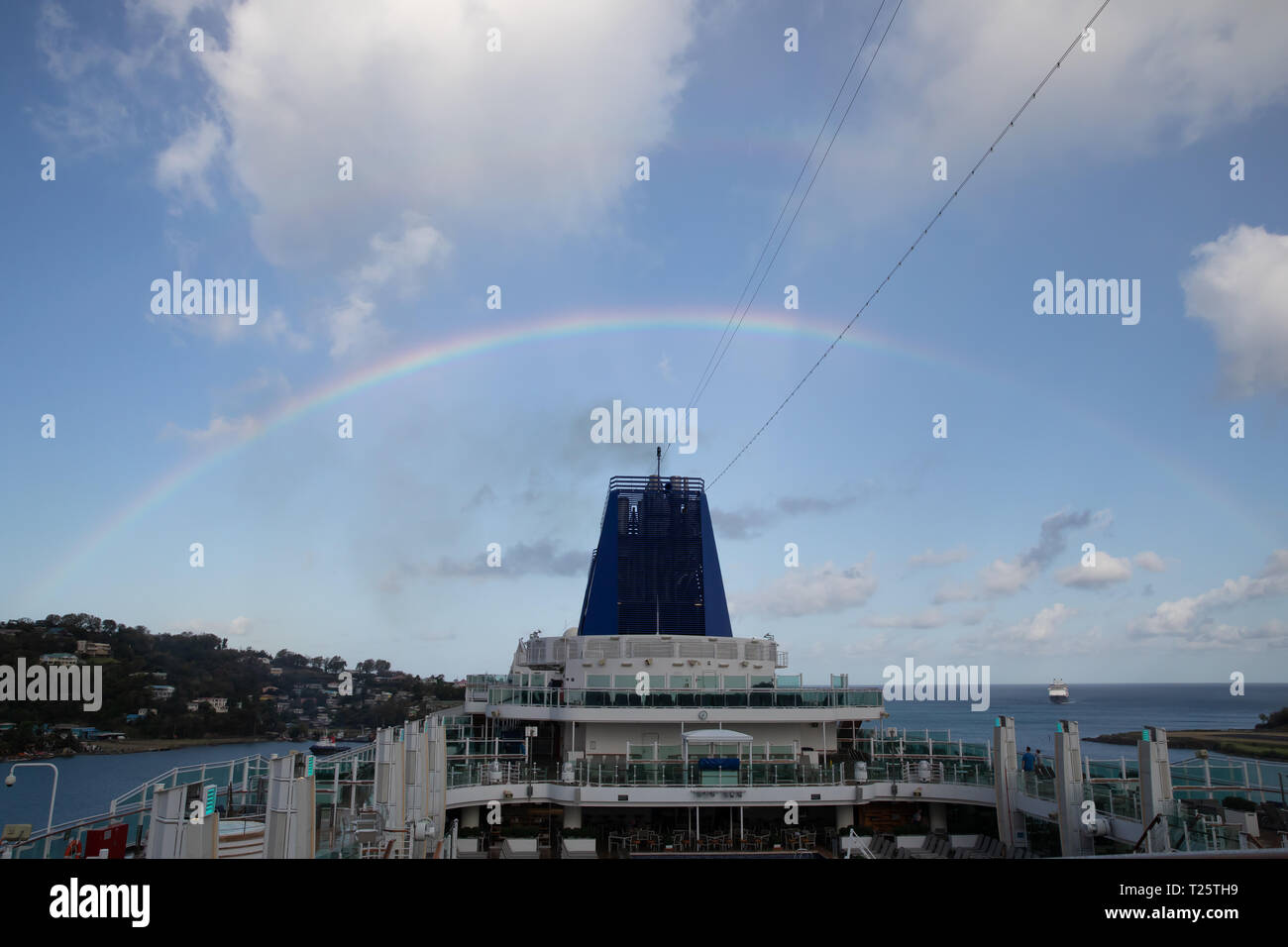 A view across the open top deck of Britannia in St Lucia, The Caribbean ...