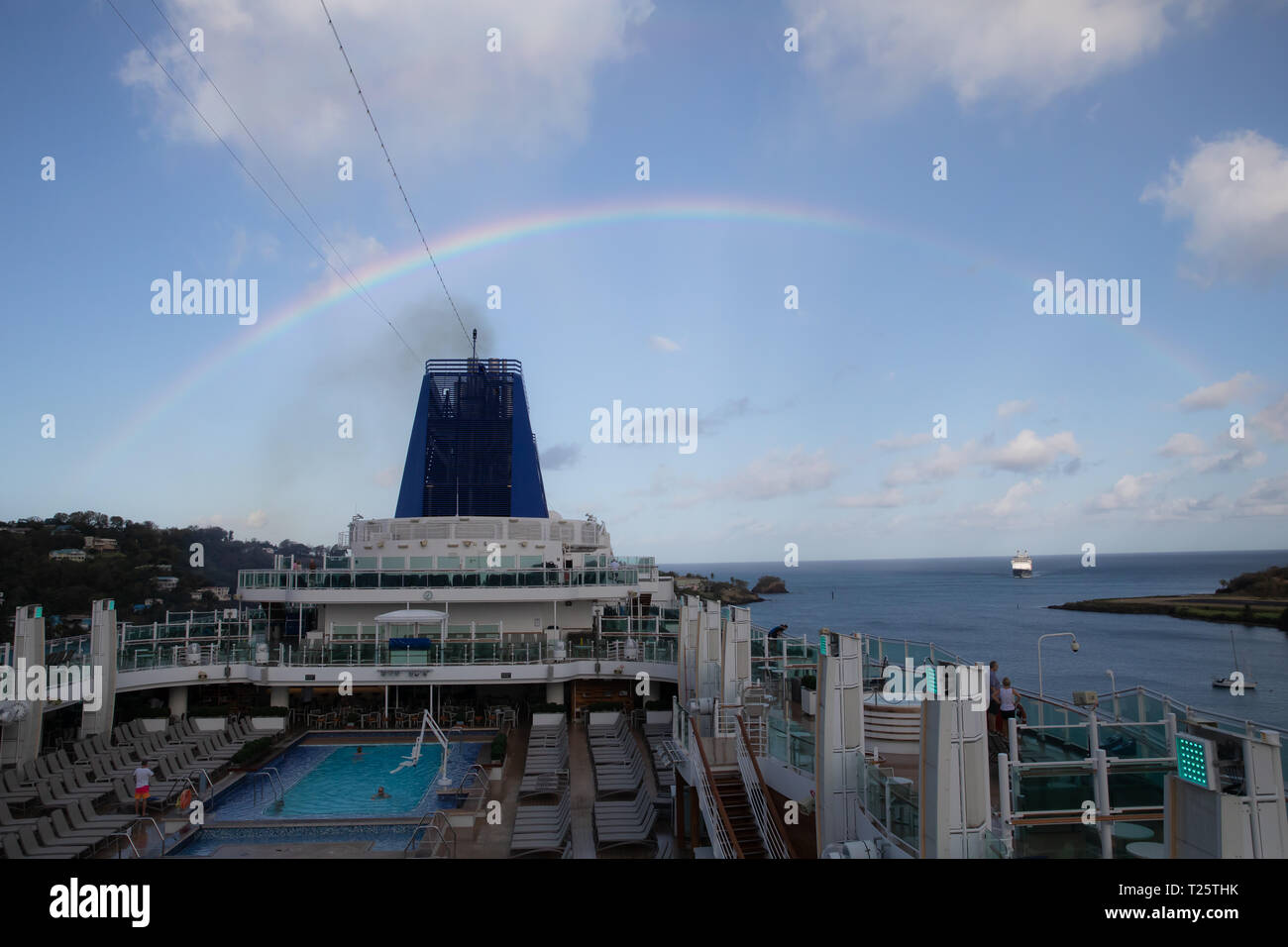 A view across the open top deck of Britannia in St Lucia, The Caribbean ...