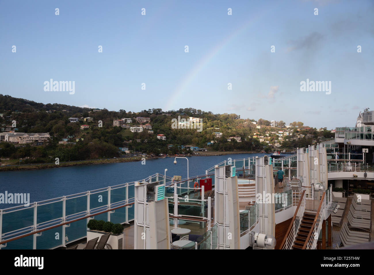 A view across the open top deck of Britannia in St Lucia, The Caribbean ...