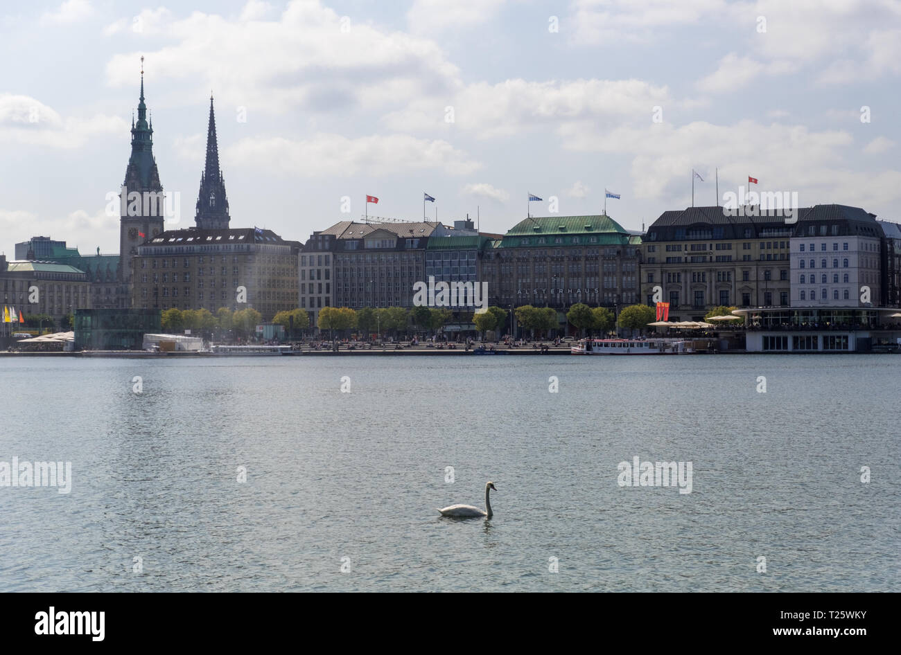 View of Alster Lake and famous buildings in downtown district of ...