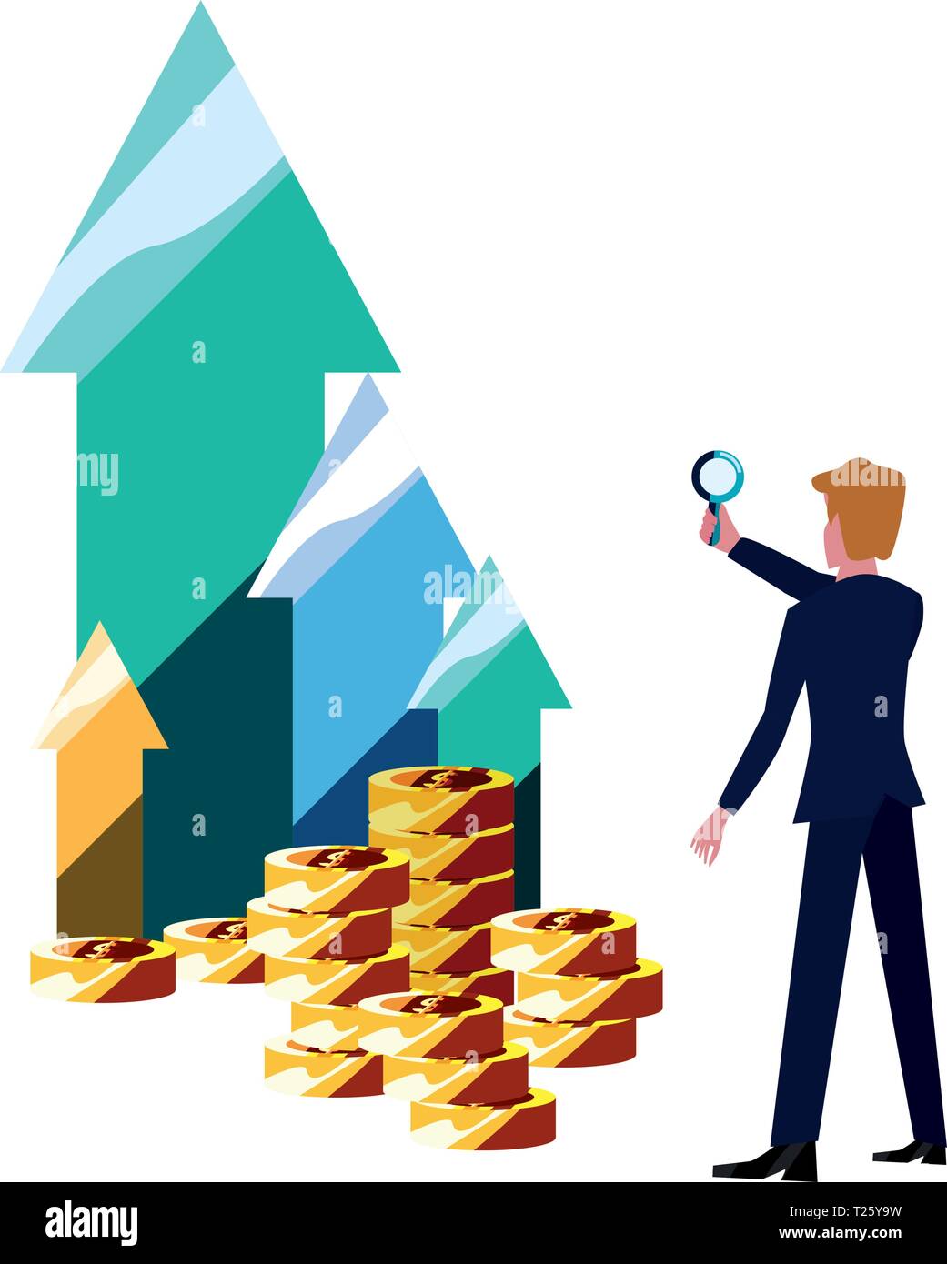 businessman with magnifier money arrows bank vector illustration vector ...
