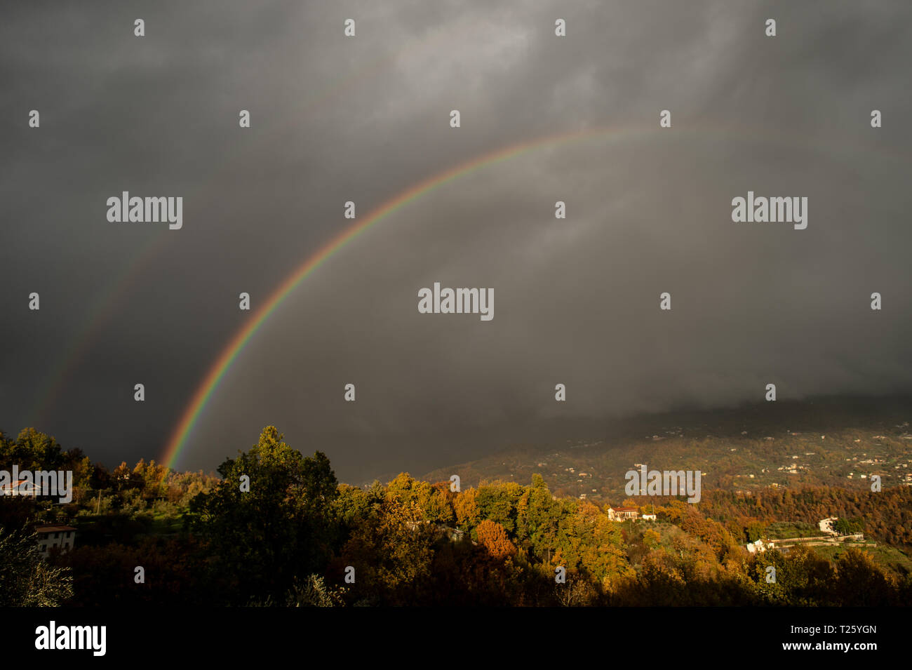 Rainbow in the Aniene River Valley, seen from Rocca Canterano, Subiaco ...