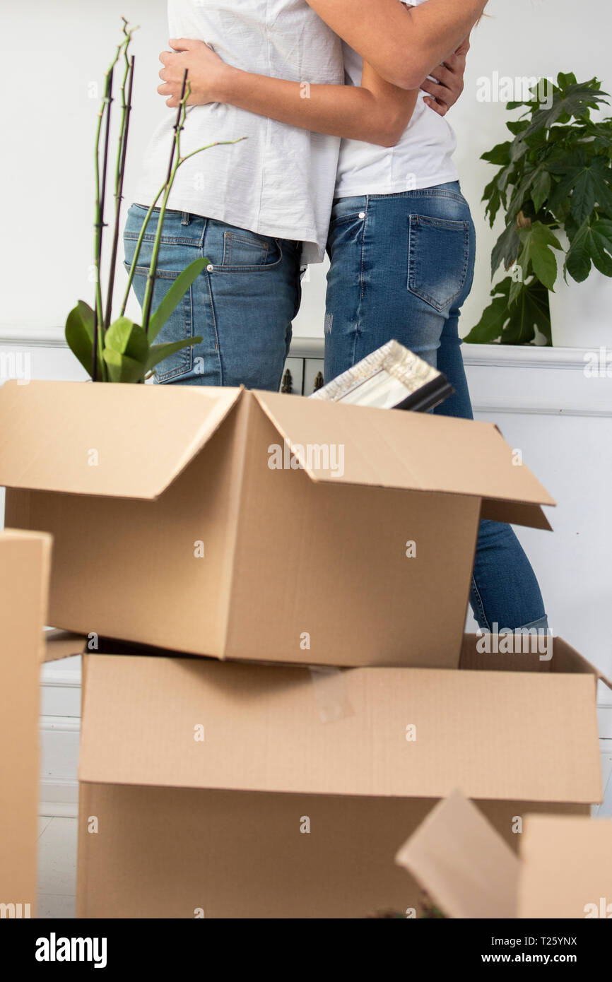 Couple with cardboard boxes hugging in new home Stock Photo - Alamy