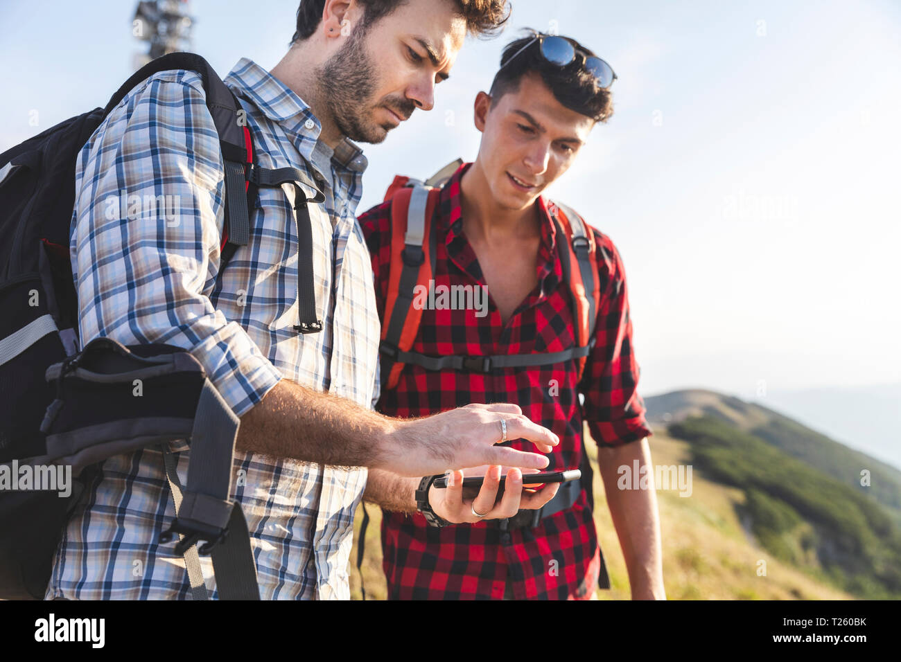 Two men hiking looking smartphone mountains hi-res stock photography ...