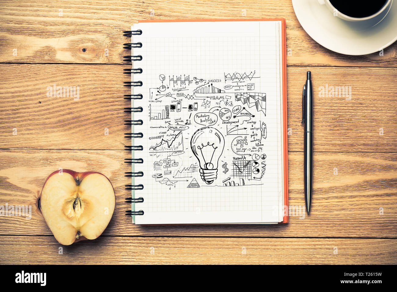 Notepad with idea sketches coffee cup and pencil on wooden table Stock ...