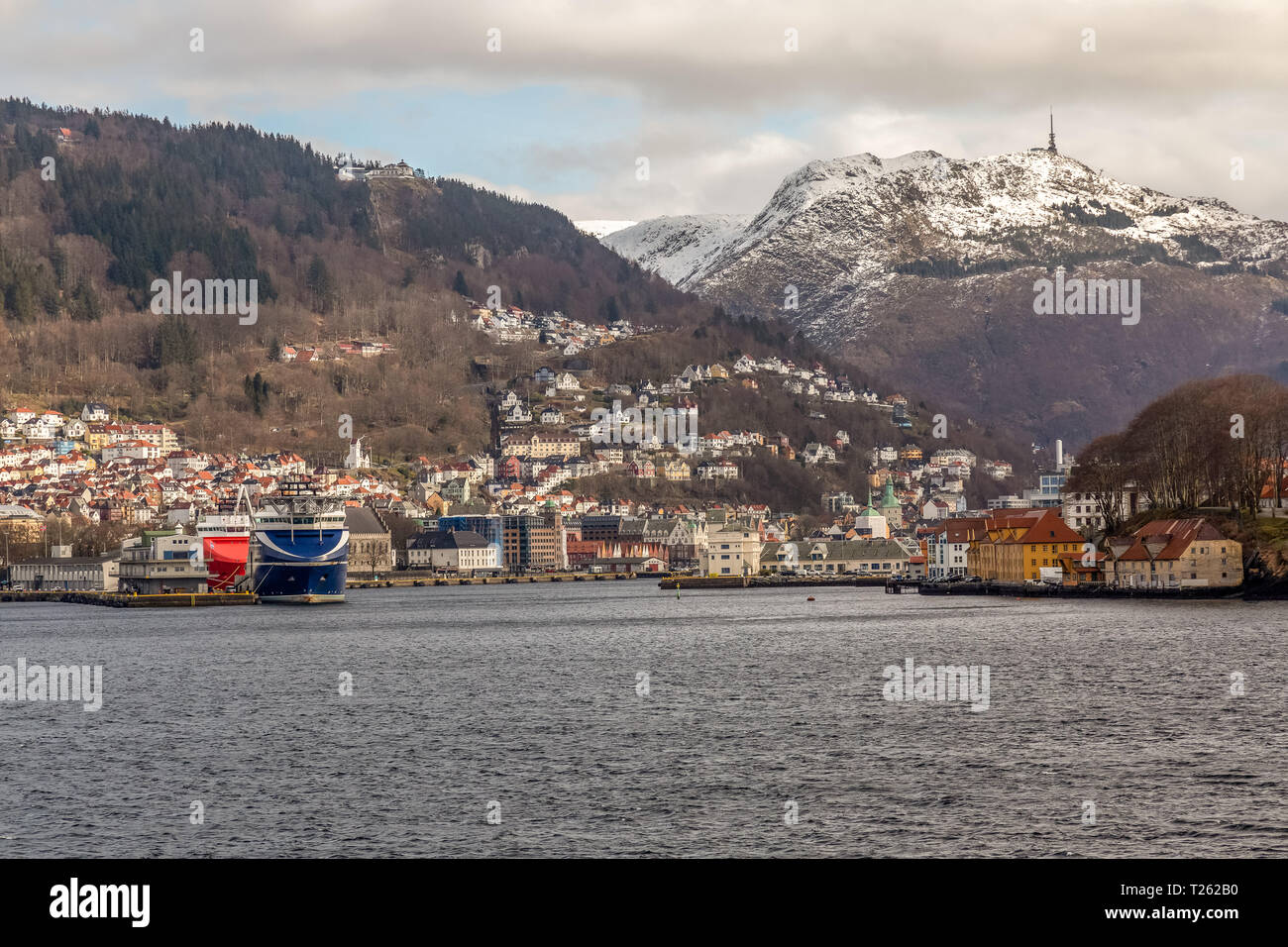 The Port city of Bergen in Norway, showing the entrance to the port and ...