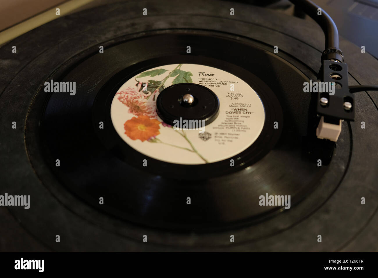 45 RPM vinyl record of Prince's song "When Doves Cry" released in 1984 ...