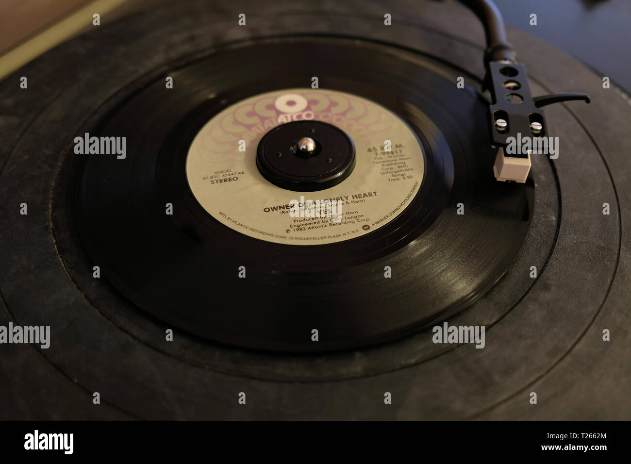 45 RPM vinyl record of Yes' song "Owner of a Lonely Heart" released in 1983 by Atlantic ...