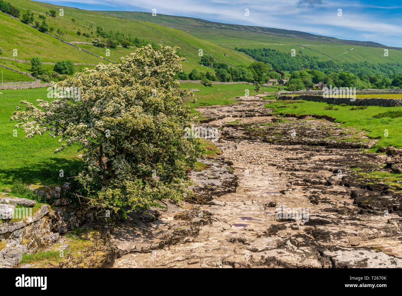 Yorkshire landscape with the dried-up River Skirfare near Litton, North ...