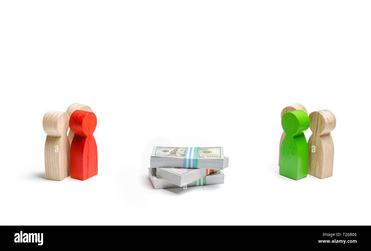 Two groups of people figures and a bunch of money between them on a ...