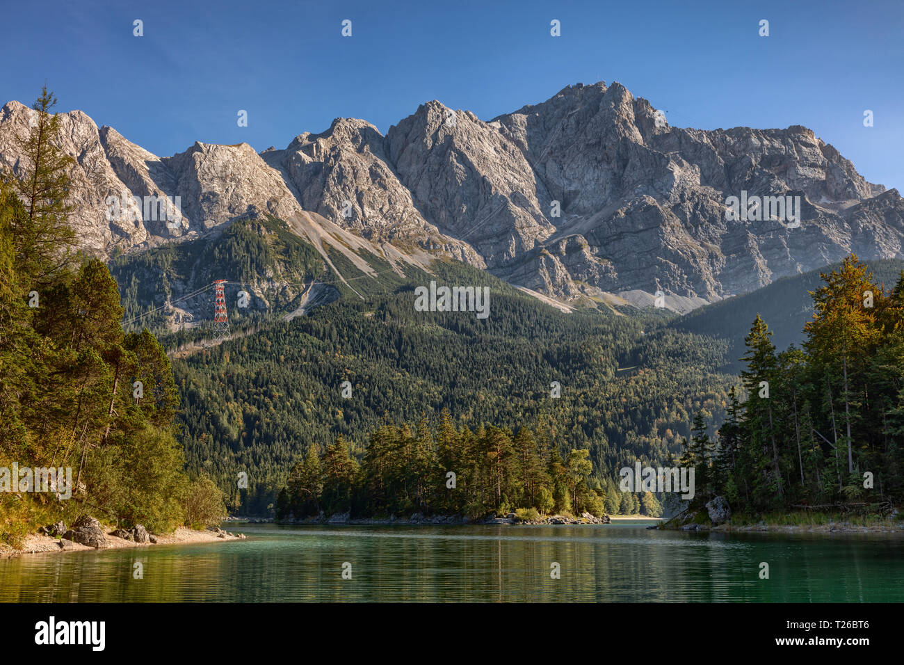 Eibsee Lake near Grainau Bavaria with a view of the Zugspitze mountain ...