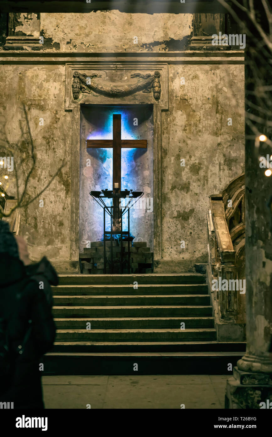 Wooden cross inside old lutheran church, vintage historic building ...