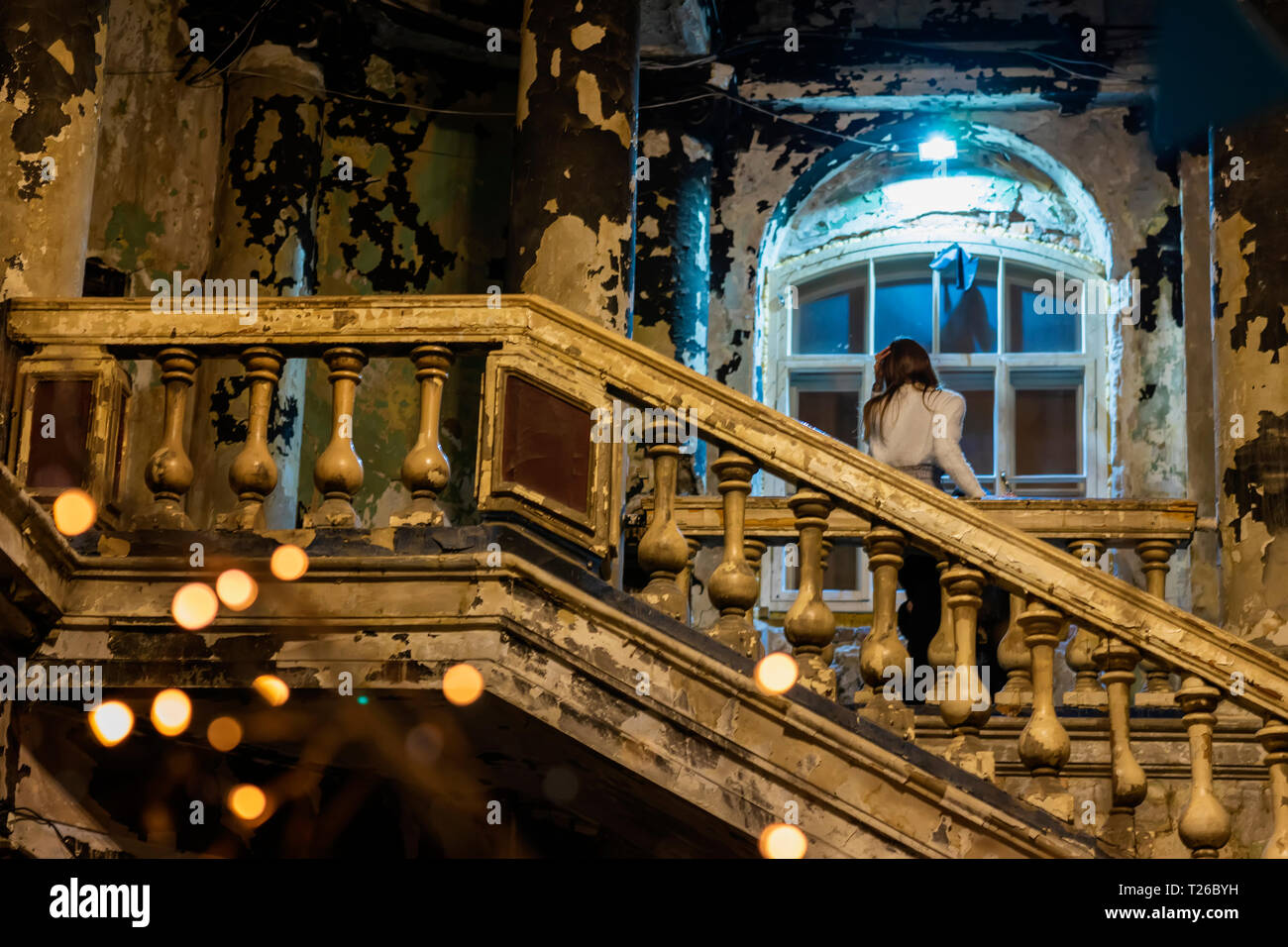 Wooden staircase inside old lutheran church, weathered rough exterior ...