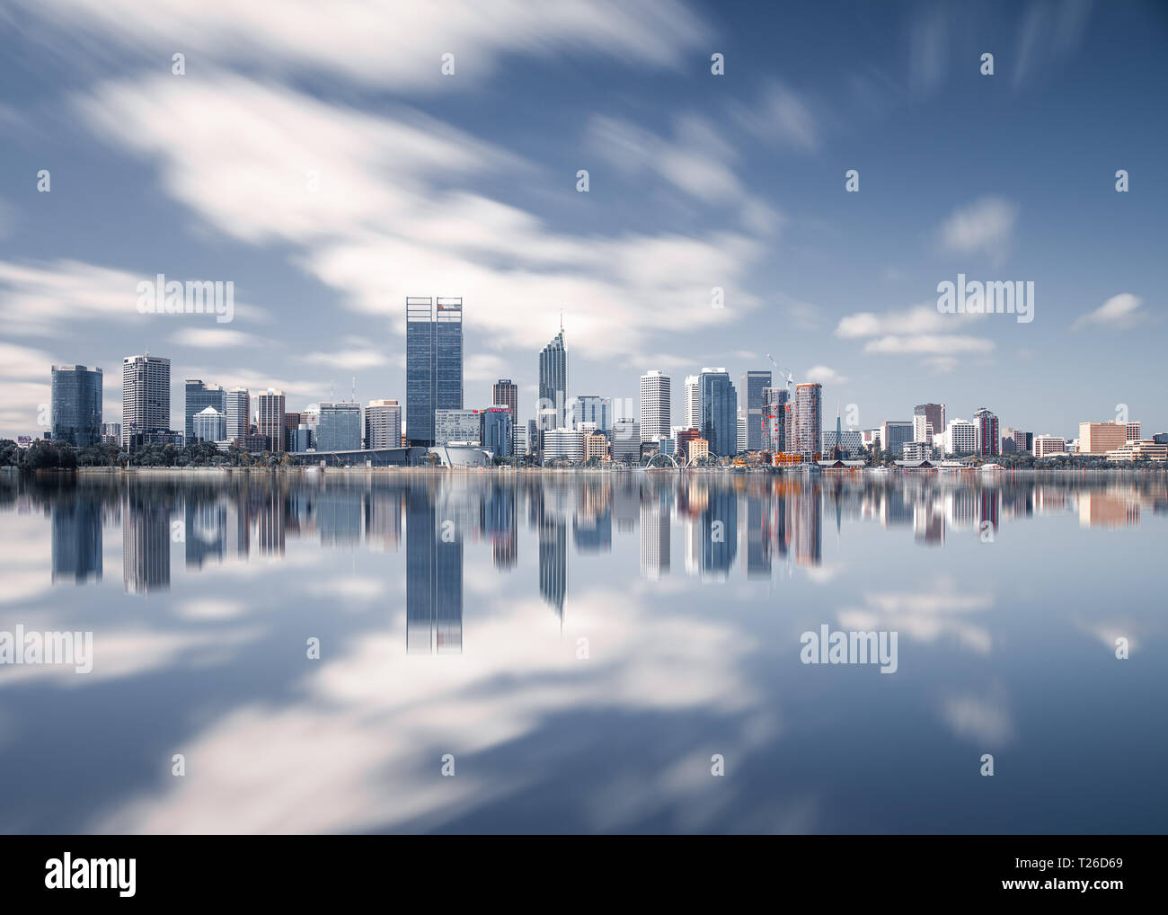 Travel, the skyline of Perth seen from Swanriver. Long exposure with ...