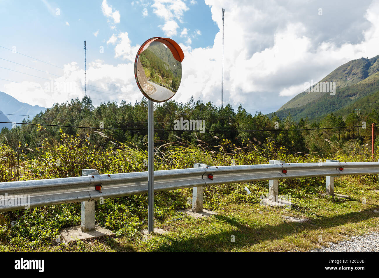 Reflections of the road on traffic mirror for traffic safety. Traffic ...