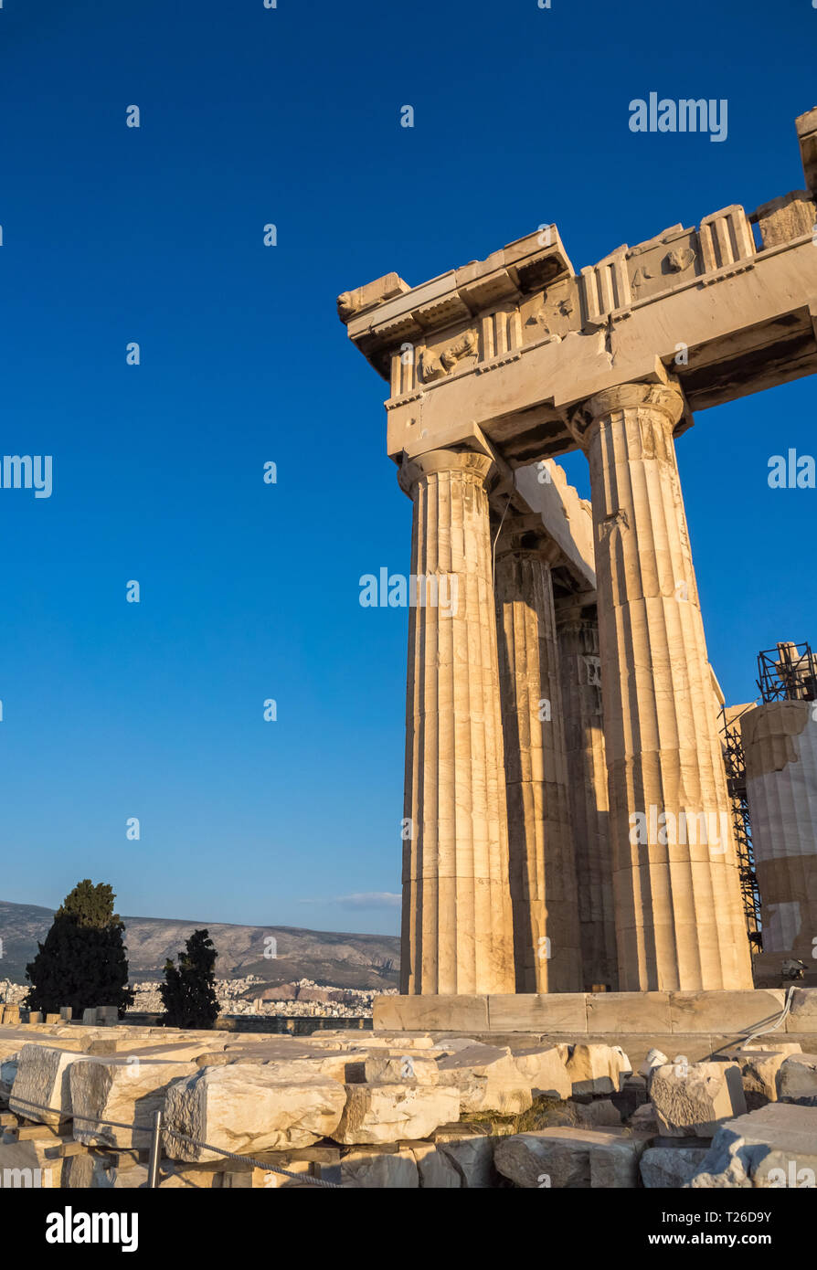Columns of Parthenon temple on Acropolis of Athens, Greece at sunset ...