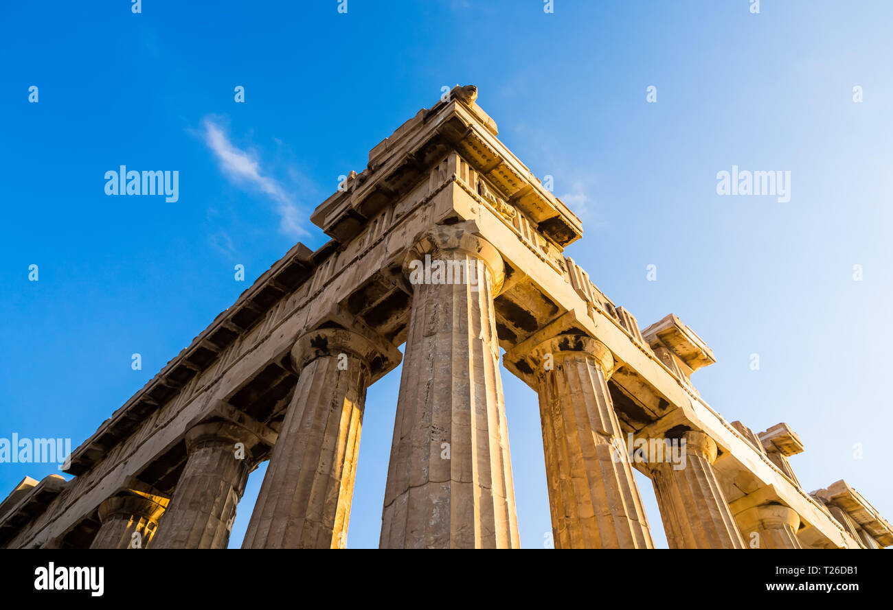 View of corner of Parthenon and its columns on Acropolis in Athens ...