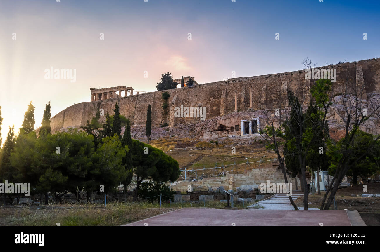 View of Acropolis walls and hill slopes and theater of Dionysus in ...