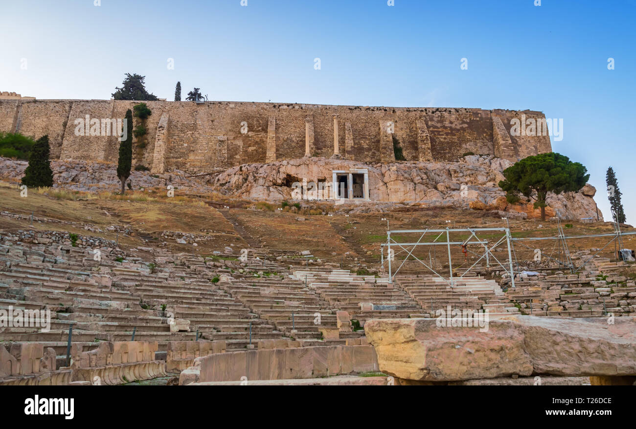 View of Acropolis walls and hill slopes and theater of Dionysus in ...