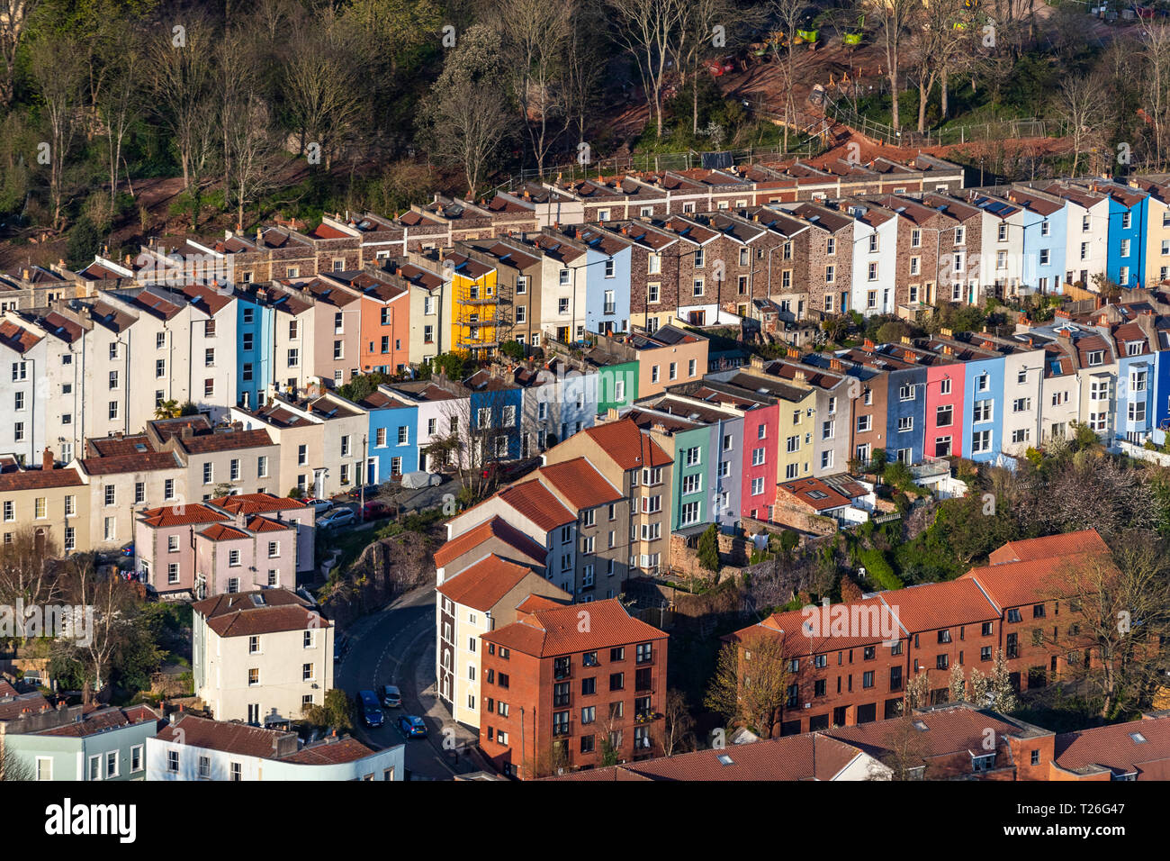 Colourful terraced houses mark out Ambrose Road in the cities BS8 ...