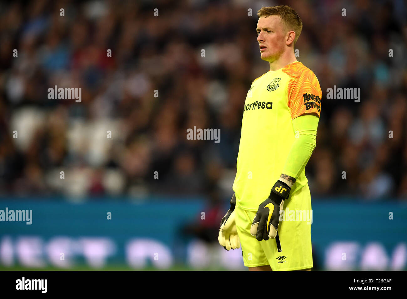 Everton goalkeeper Jordan Pickford looks on during the Premier League ...