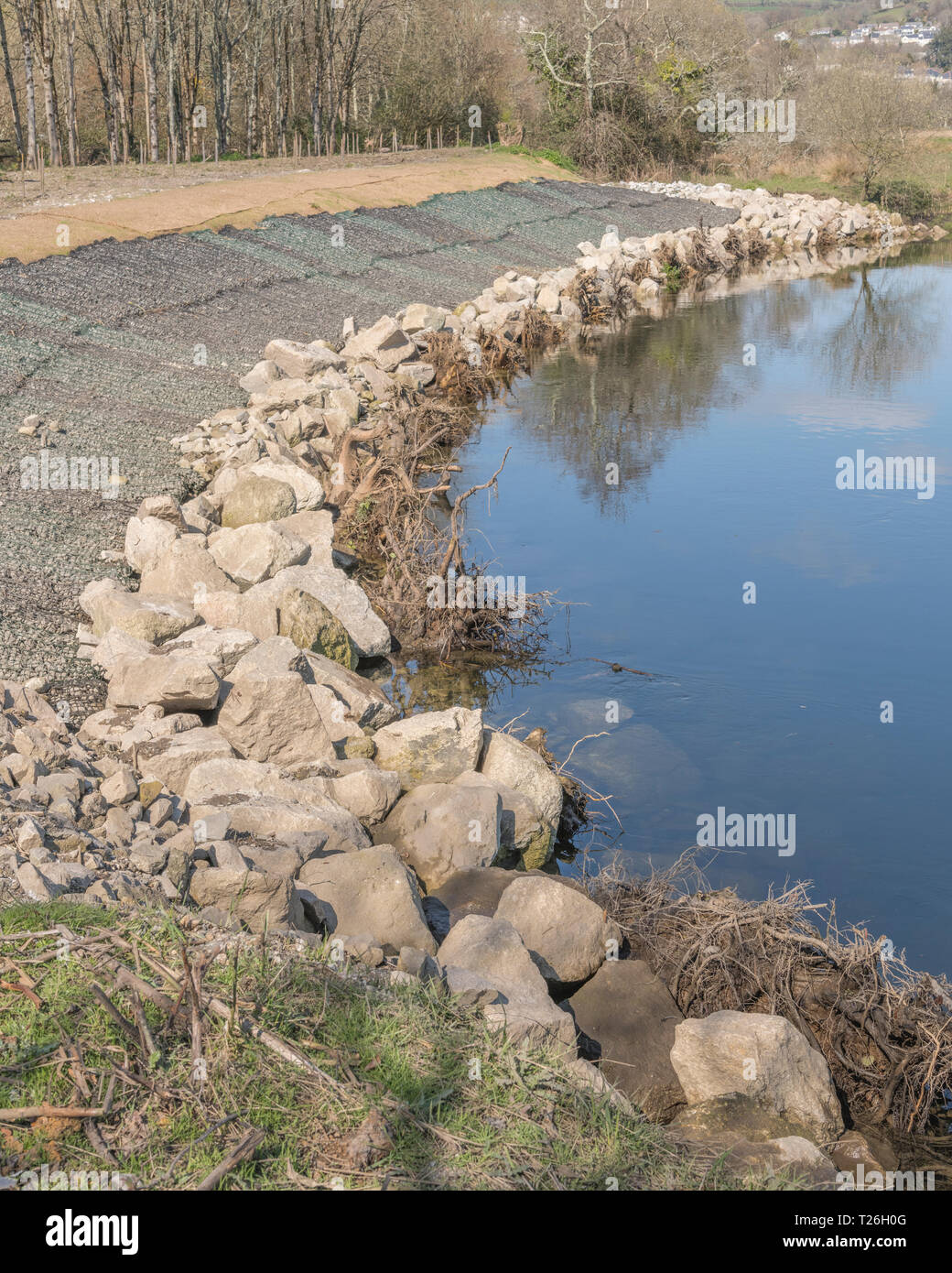 Water erosion control measures on River Fowey at Lostwithiel, Cornwall ...