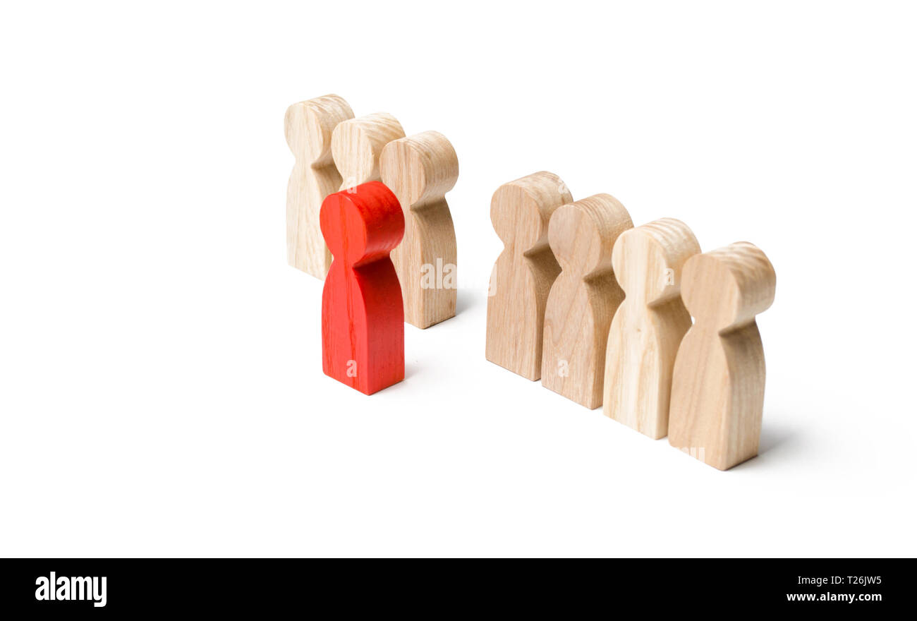 The red figure of a man comes out of the line of people. Talent, leader ...