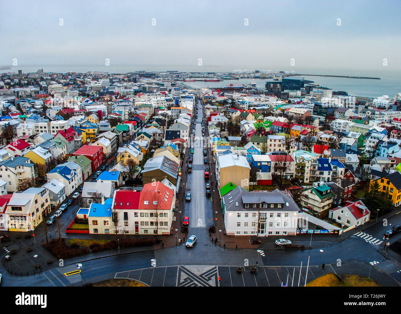 Downtown Reykjavik, Iceland from a roof top platform showing the city ...