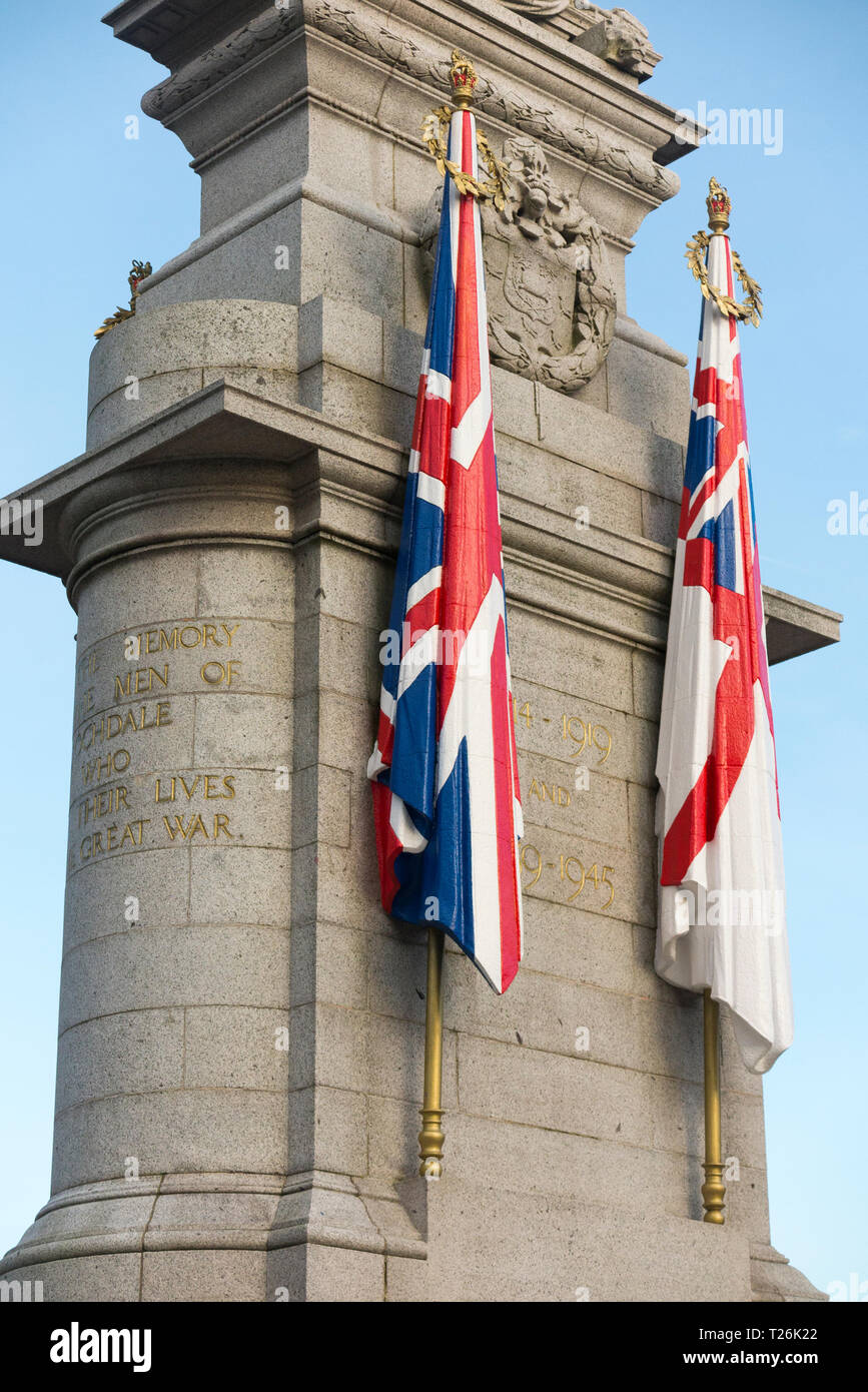 The Rochdale Cenotaph war memorial (with carved stone flags) designed ...