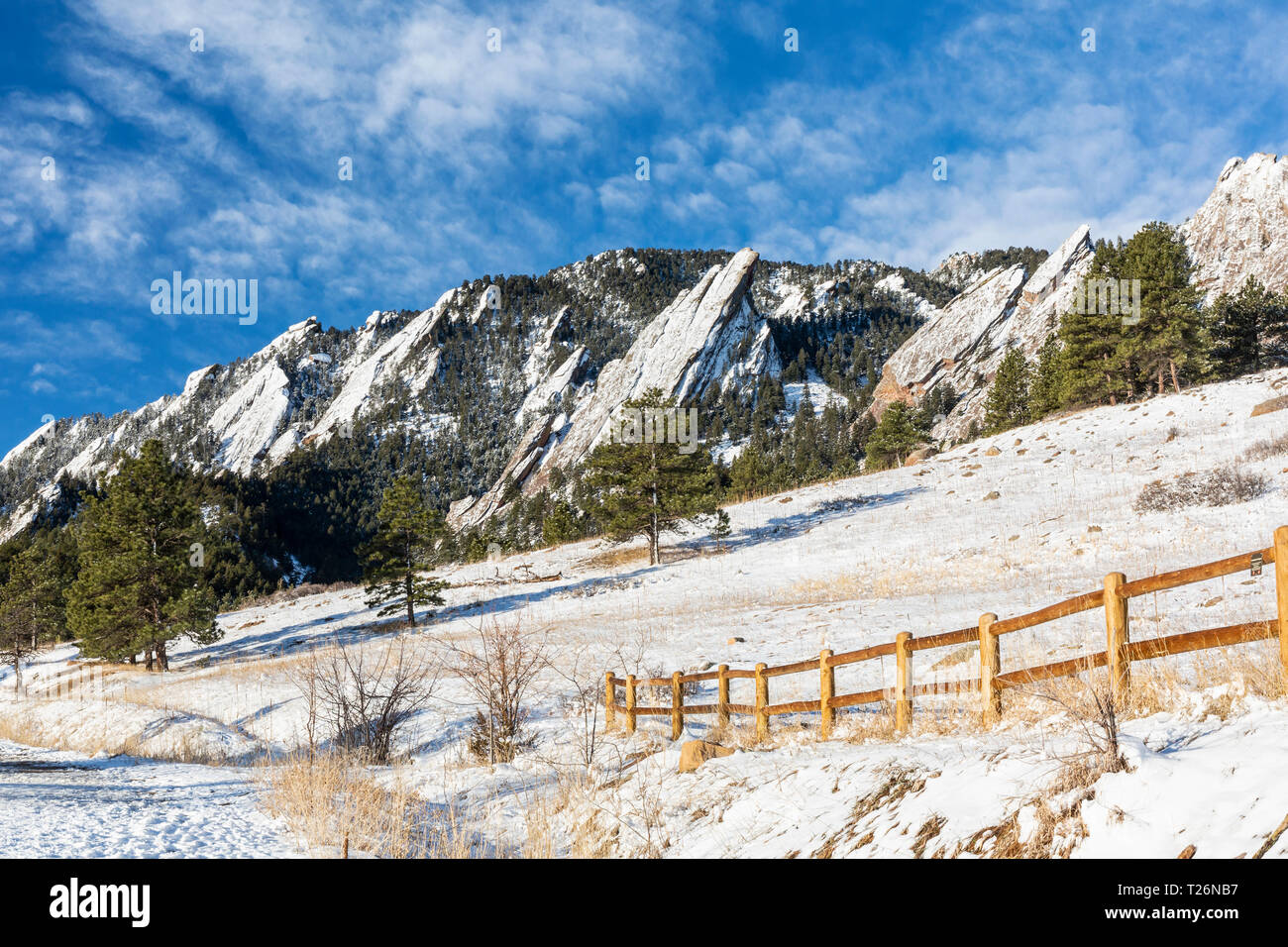 A fresh coating of snow coats the Flations rock formations, seen from ...