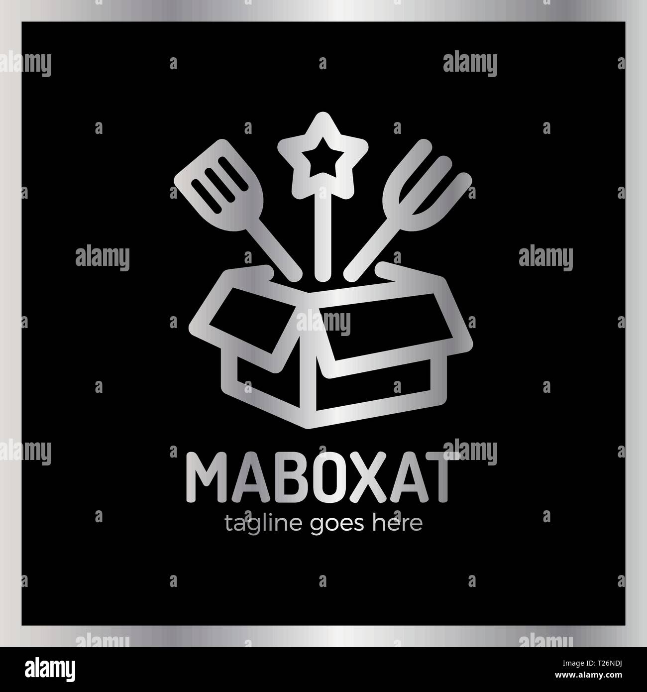 Magic Food Box Logo. Line surprise eat logotype. Luxury, royal metal ...