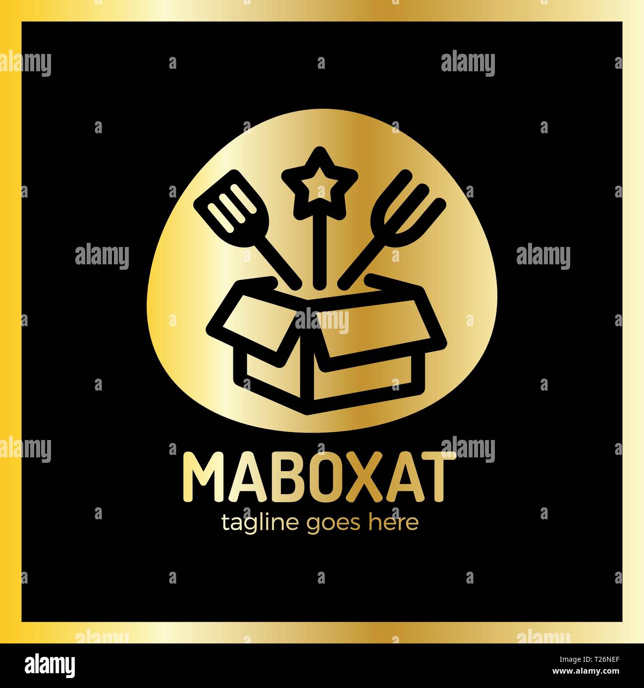 Magic Food Box Logo. Line surprise eat logotype. Luxury, royal metal ...