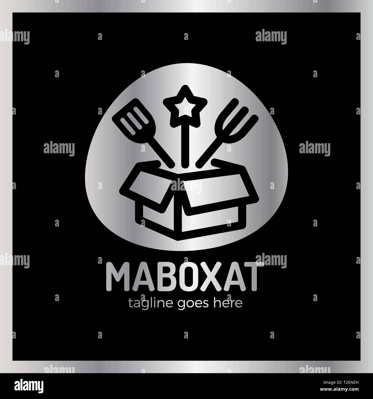 Magic Food Box Logo. Line surprise eat logotype. Luxury, royal metal ...