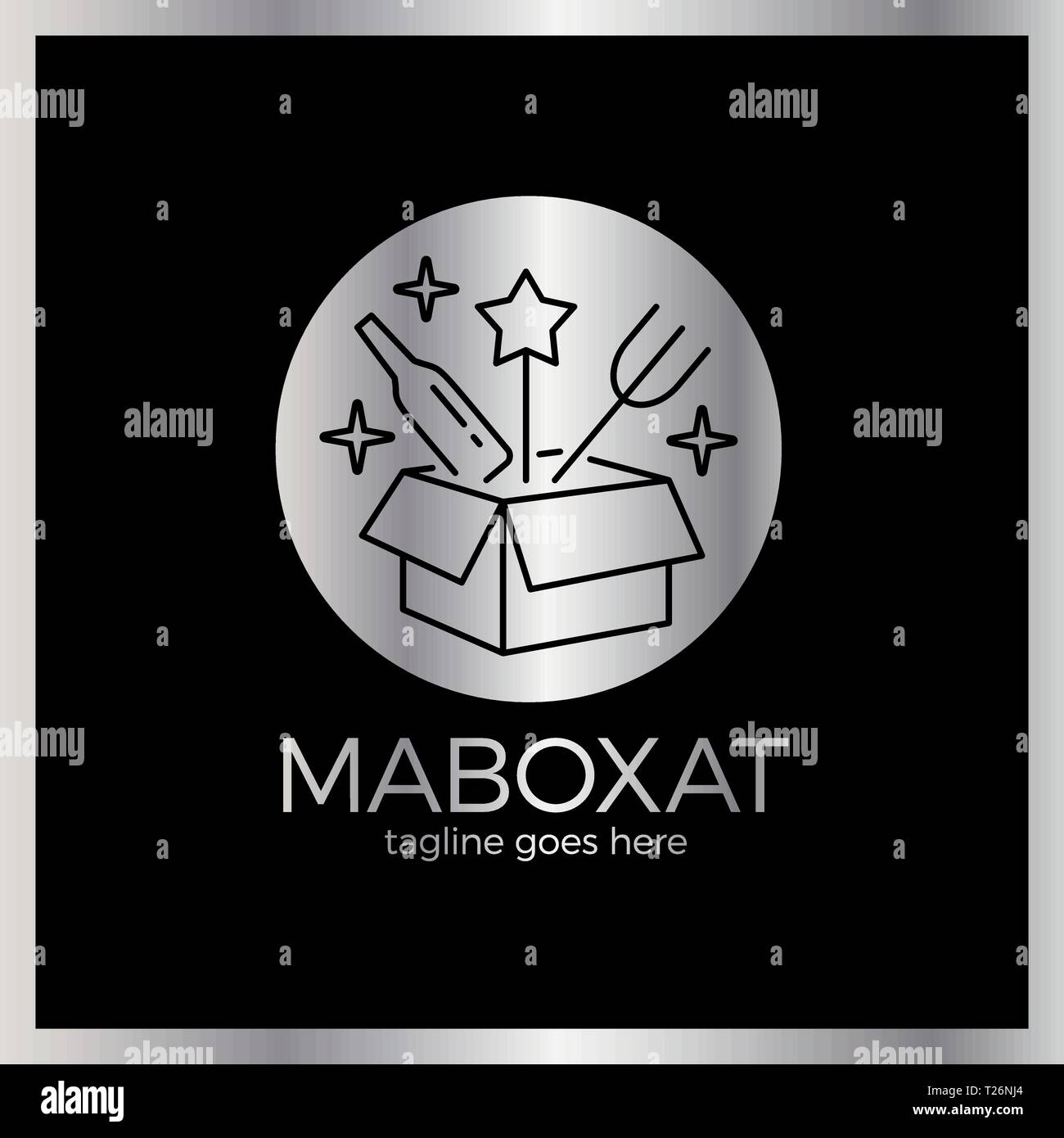 Magic Food Box Logo. Line surprise eat logotype. Luxury, royal metal ...