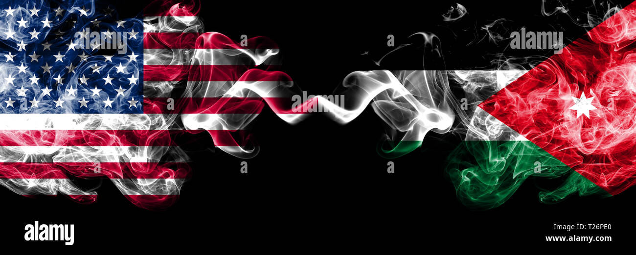 United States of America vs Jordan, Jordanian smoky mystic flags placed ...