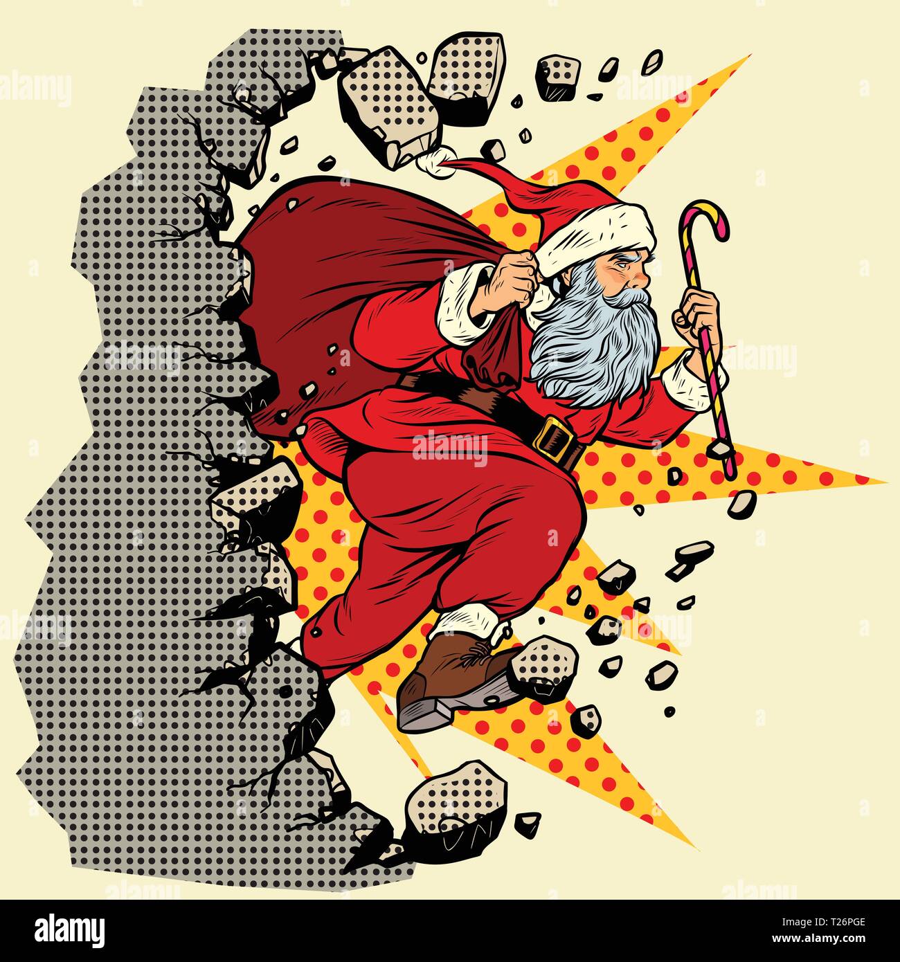 Santa Claus with Christmas gifts breaks the wall. Pop art retro vector ...