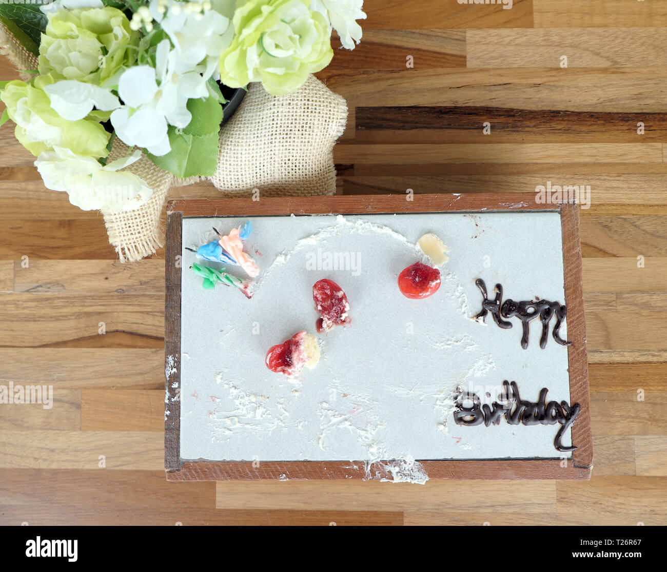 Happy birthday cake, dirty and empty Stock Photo - Alamy