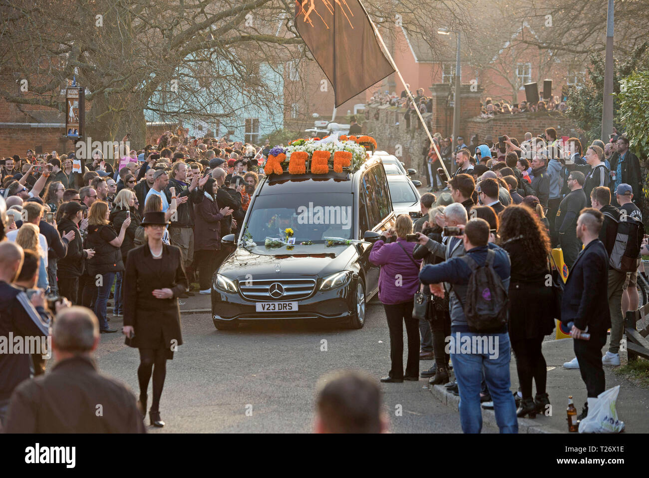 Essex, UK. 30th March 2019. The hurse carrying the body of the late ...
