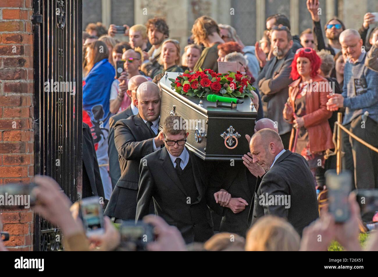 Essex, UK. 30th March 2019. The coffin of the late Prodigy singer Keith ...