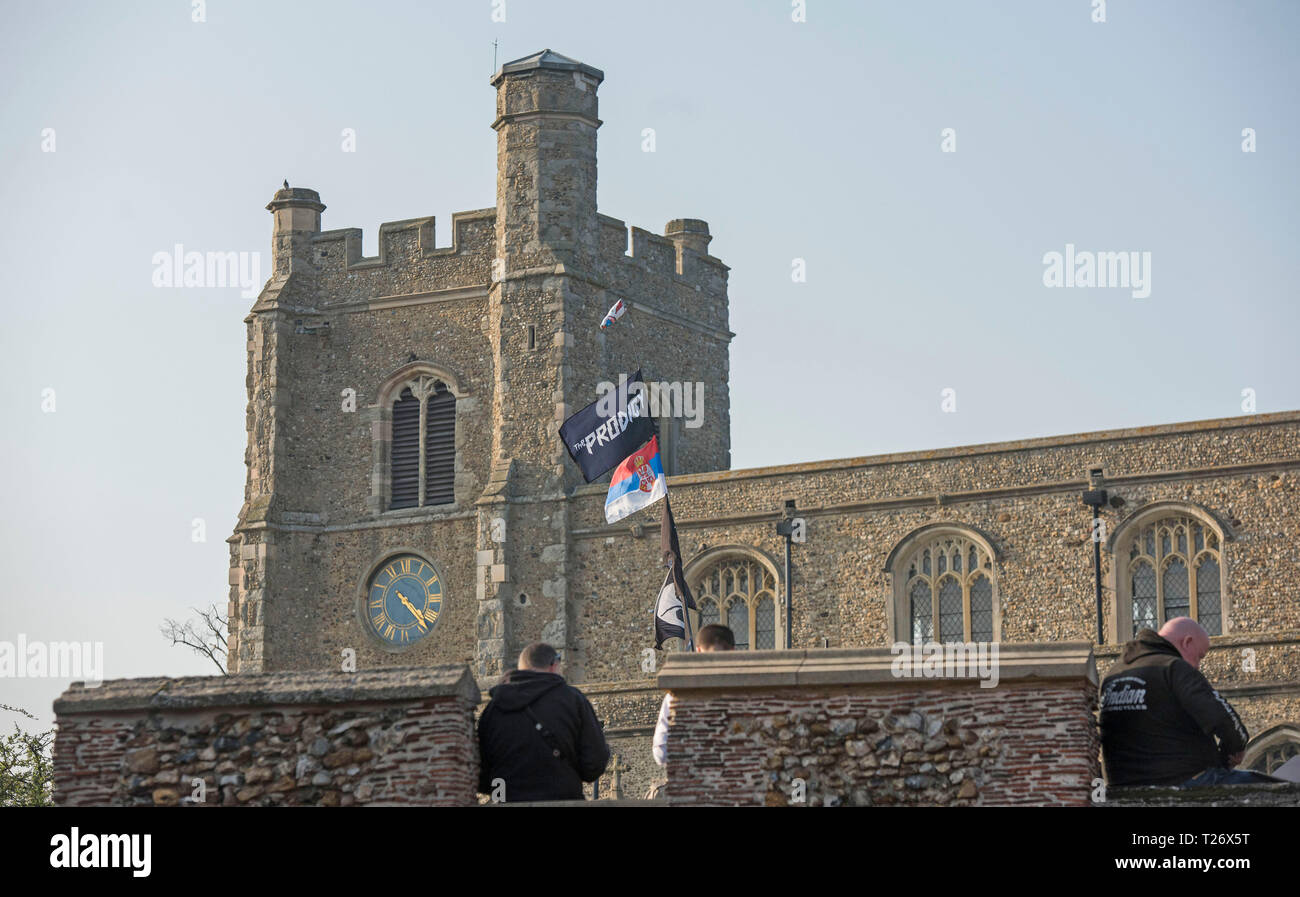 Essex, UK. 30th March 2019. A Prodigy flag outside the church during ...