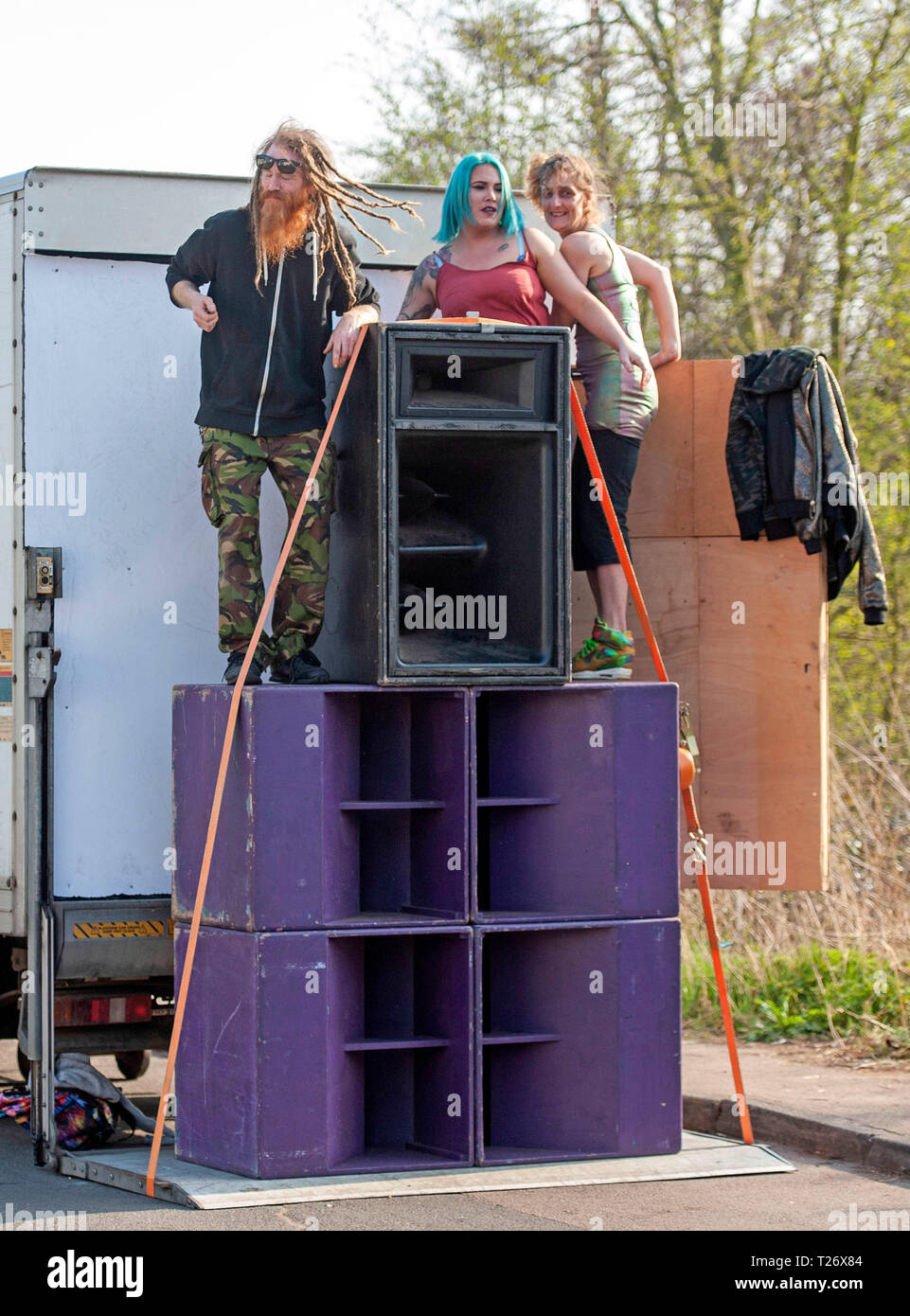 Essex, UK. 30th March 2019. Prodigy fans crank up music by the band ...