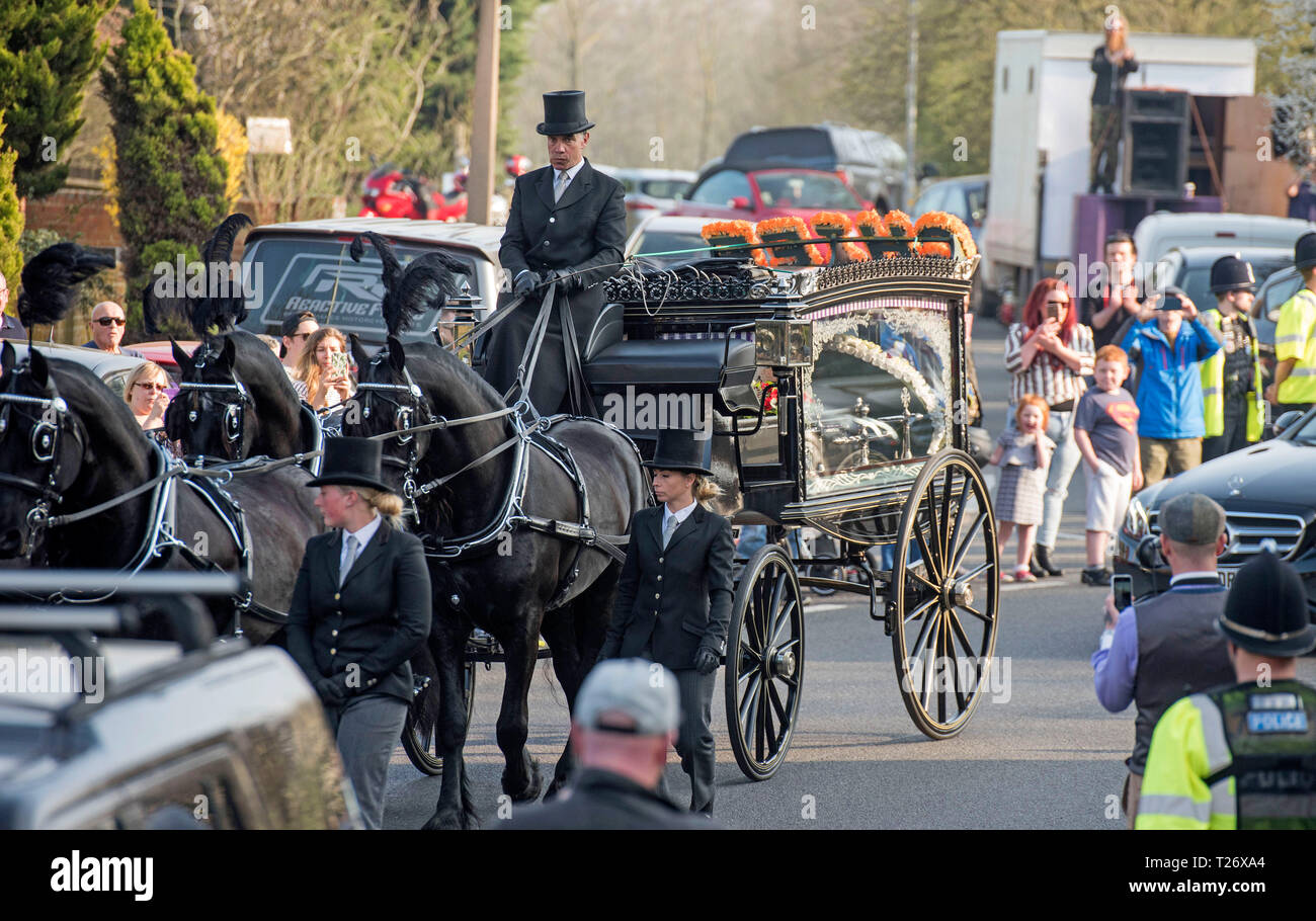 Essex, UK. 30th March 2019. The horse drawn funeral cortege of the late ...