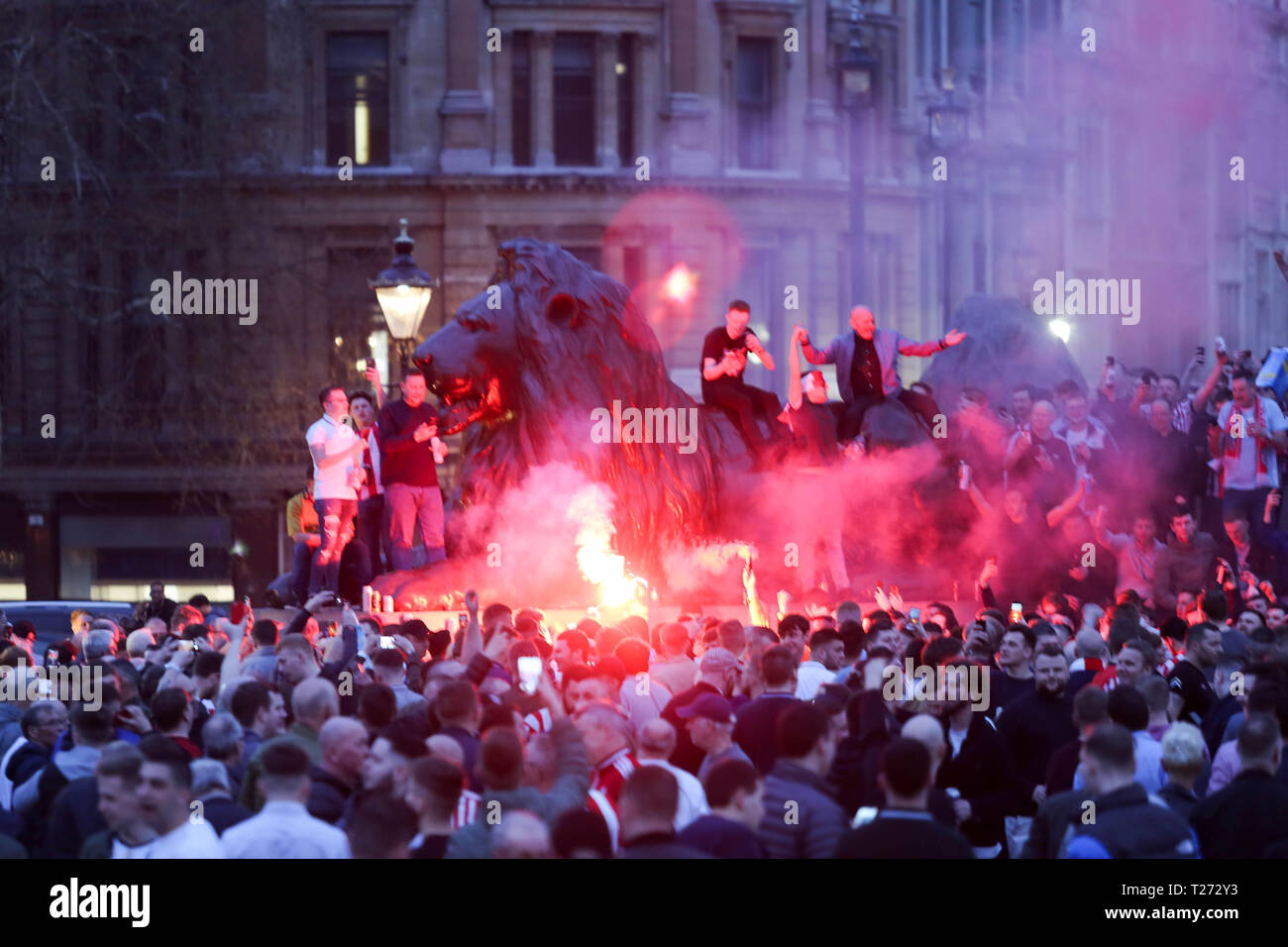 London, UK. 30th March, 2019. Travelling Sunderland supporters on the ...