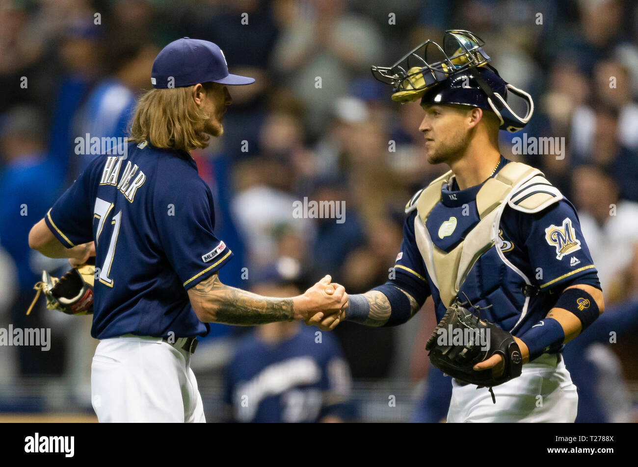 Milwaukee, WI, USA. 30th Mar, 2019. Milwaukee Brewers relief pitcher ...