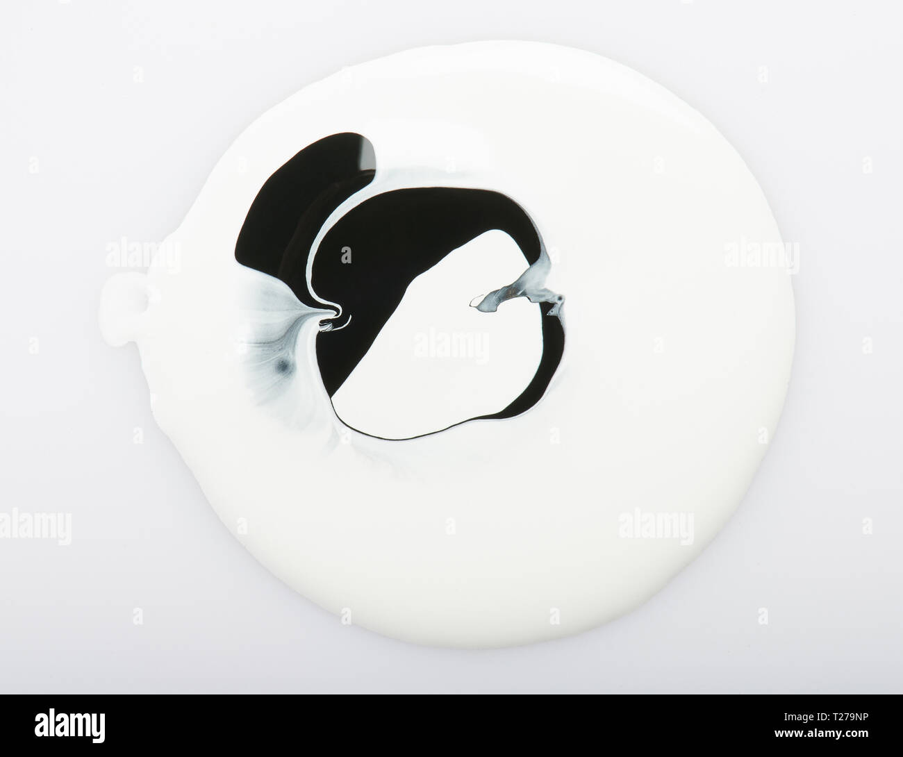 White ink drop with black abstract shape isolated on paper background ...