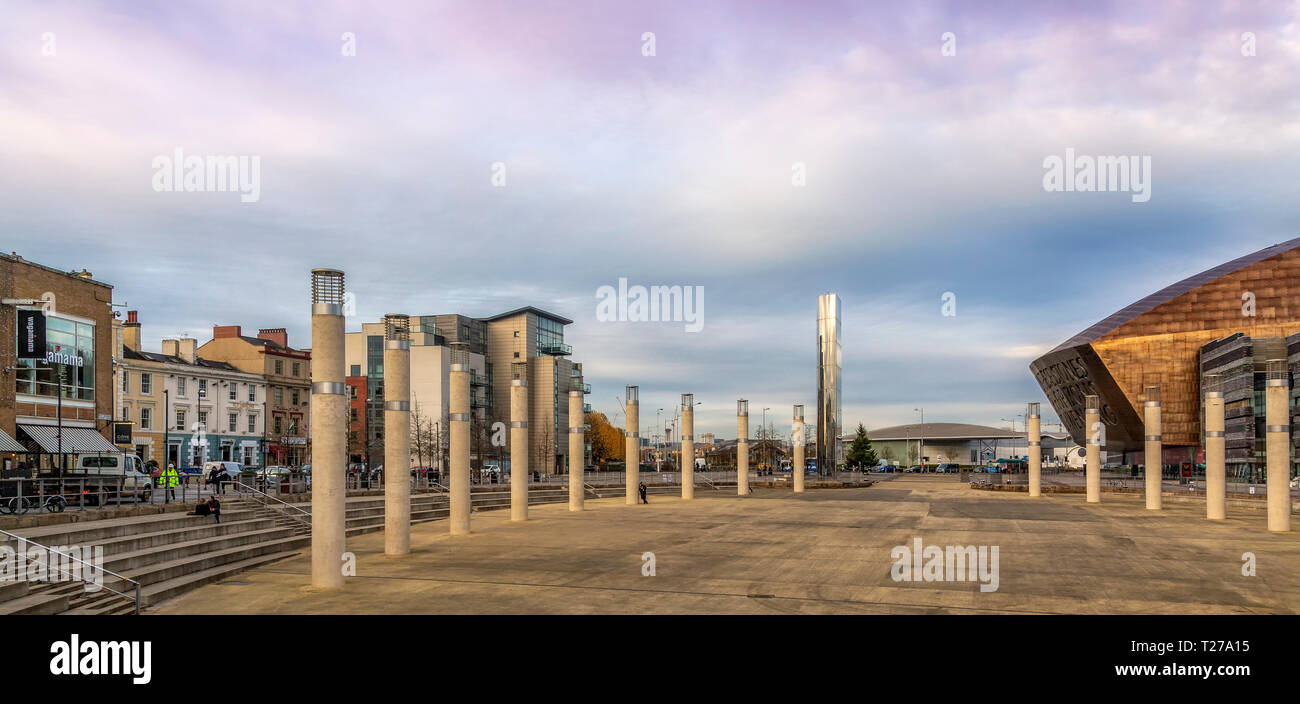 Wide angle panoramic view of Roald Dahl Plas, Cardiff Bay, Wales Stock ...