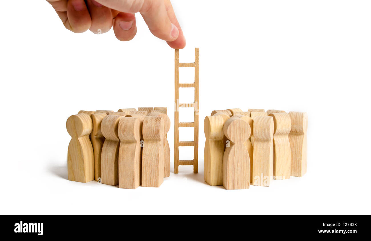 The hand stretches the ladder to two opposing groups of people. Support ...